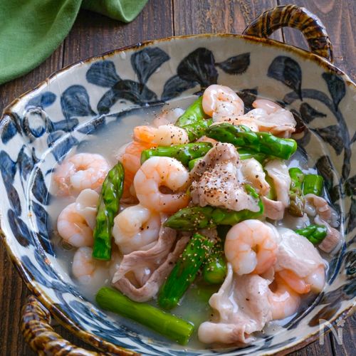 むき海老とアスパラと豚バラの旨塩とろみ煮 レシピサイトnadia